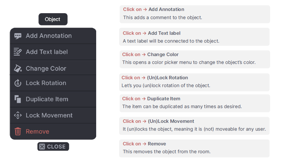 How do I modify objects (e.g. change color, remove, duplicate, lock ...